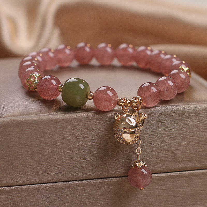 Bracelet Perlé Quartz Fraise Maneki-neko | Argent Plaqué Or Femme